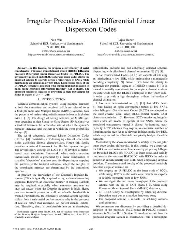 Pdf Irregular Precoder Aided Differential Linear Dispersion Codes