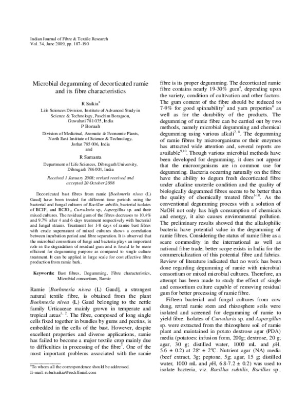 (PDF) Microbial degumming of decorticated ramie and its fibre ...