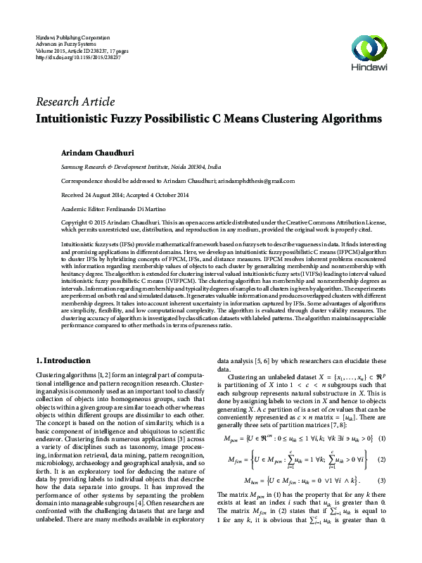 (PDF) Intuitionistic Fuzzy Possibilistic C Means Clustering Algorithms