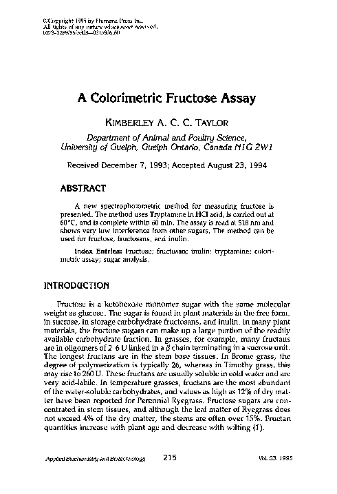 Pdf A Colorimetric Fructose Assay