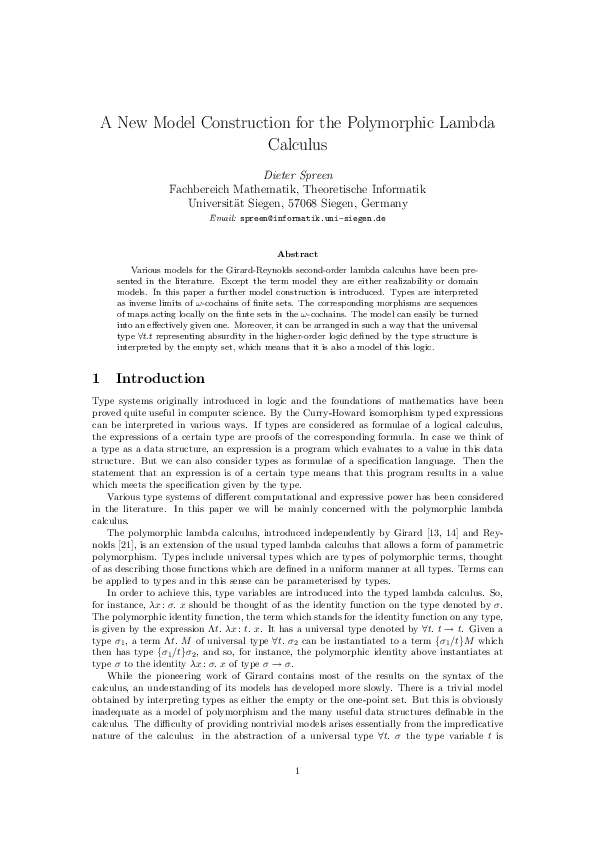 Pdf A New Model Construction For The Polymorphic Lambda Calculus