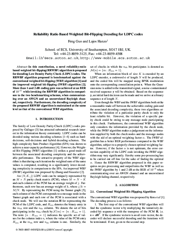 (PDF) Reliability ratio based weighted bit-flipping decoding for low-density parity-check codes