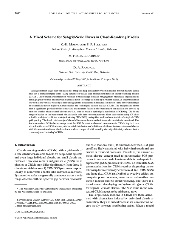 (PDF) A Mixed Scheme for Subgrid-Scale Fluxes in Cloud-Resolving Models