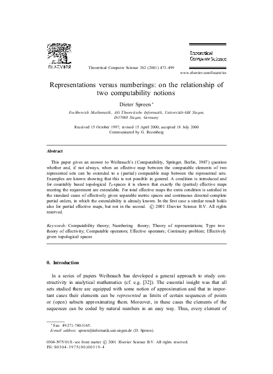 (PDF) Representations versus numberings: on the relationship of two computability notions