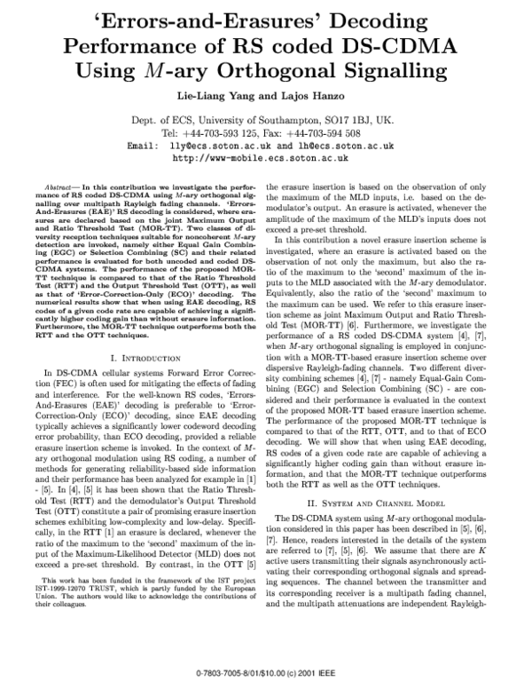 Pdf Errors And Erasures Decoding Performance Of Rs Coded Ds Cdma Using M Ary Orthogonal