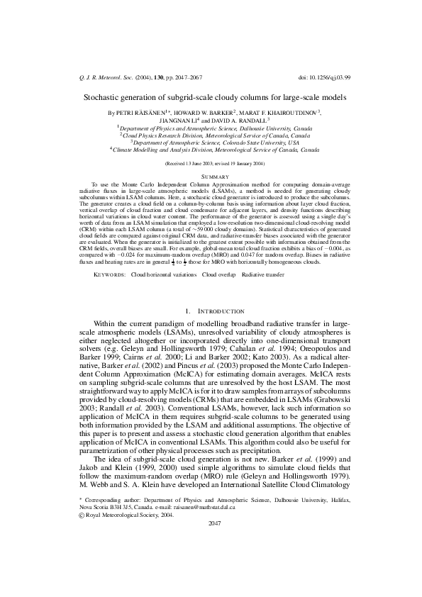 Pdf Stochastic Generation Of Subgrid Scale Cloudy Columns For Large