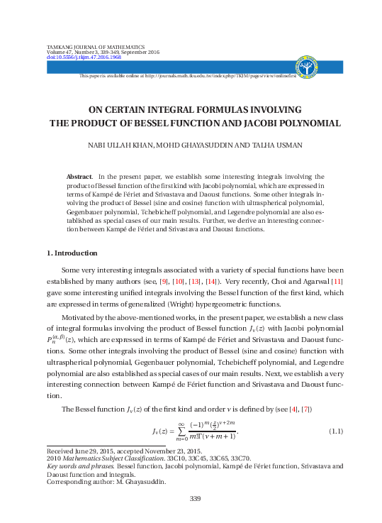 Pdf On Certain Integral Formulas Involving The Product Of Bessel Function And Jacobi Polynomial