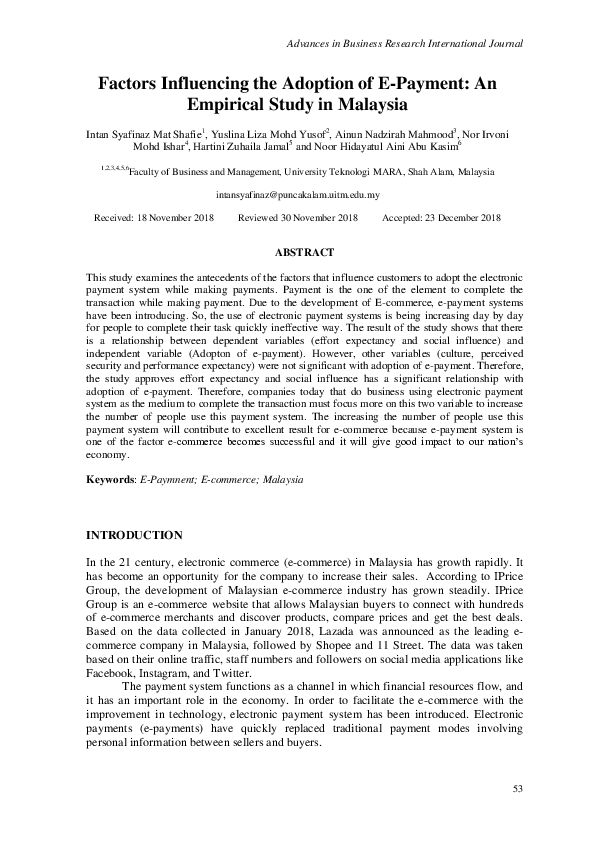 (PDF) Factors Influencing the Adoption of E-Payment: An Empirical Study in Malaysia