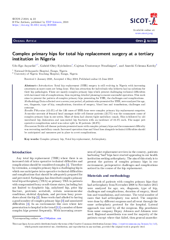 (PDF) Complex primary hips for total hip replacement surgery at a ...
