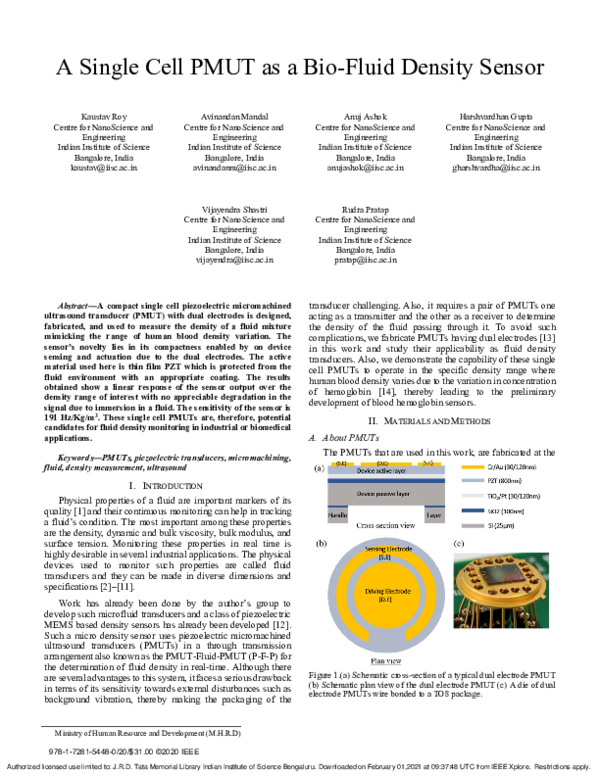 (PDF) A Single Cell PMUT as a Bio-Fluid Density Sensor