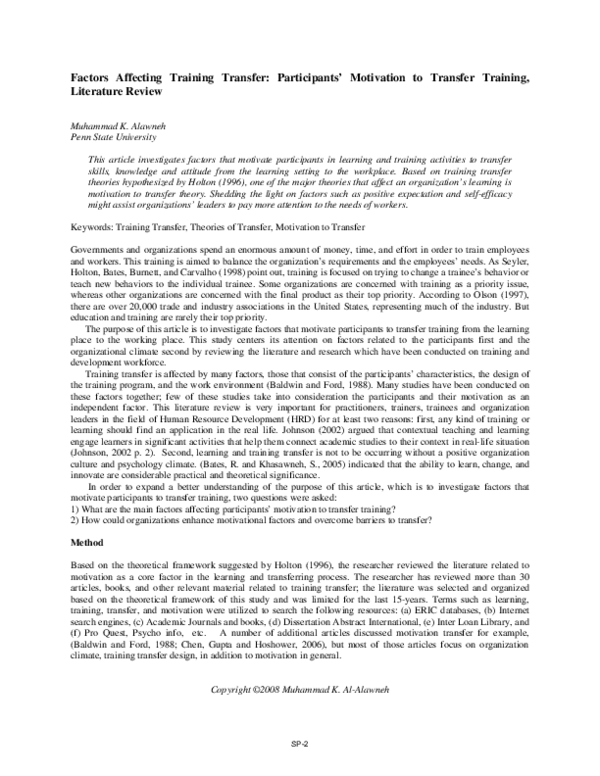 (PDF) Factors Affecting Training Transfer: Participants' Motivation to ...