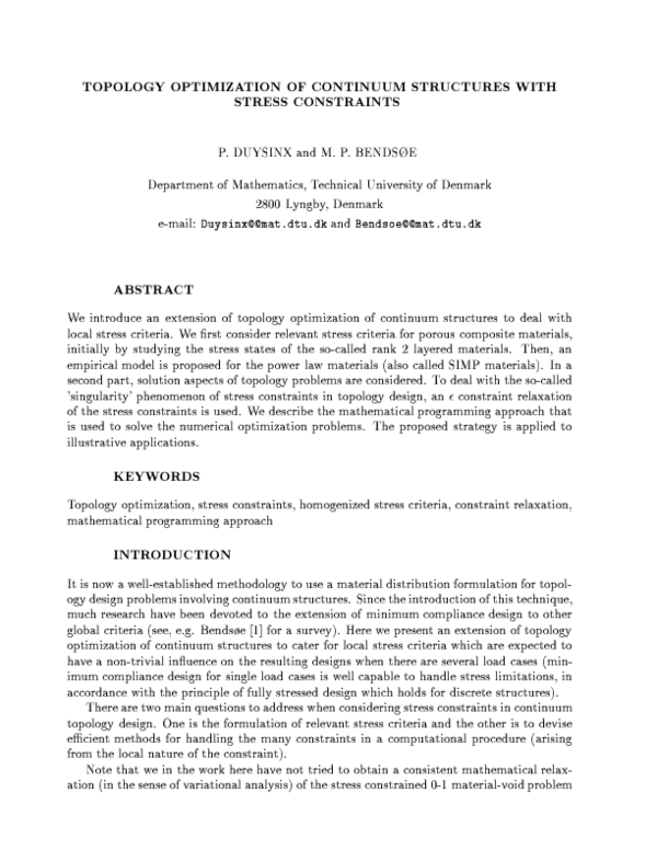 Pdf Topology Optimization Of Continuum Structures With Stress Constraints
