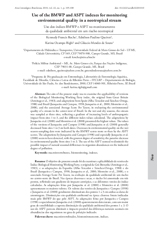 (PDF) Use of the BMWP and ASPT indexes for monitoring environmental ...