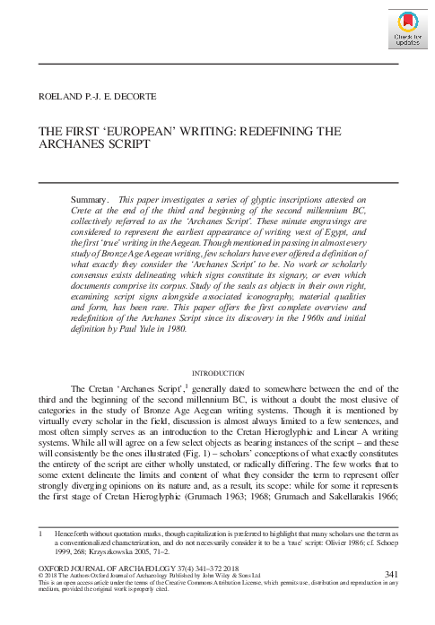 (PDF) The First ‘European’ Writing: Redefining the Archanes Script
