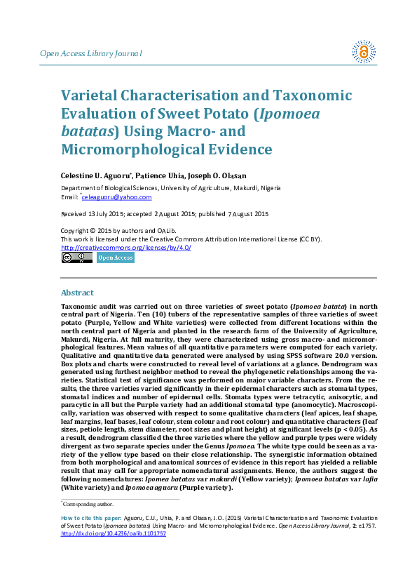(PDF) Varietal Characterisation and Taxonomic Evaluation of Sweet Potato (Ipomoea batatas) Using ...