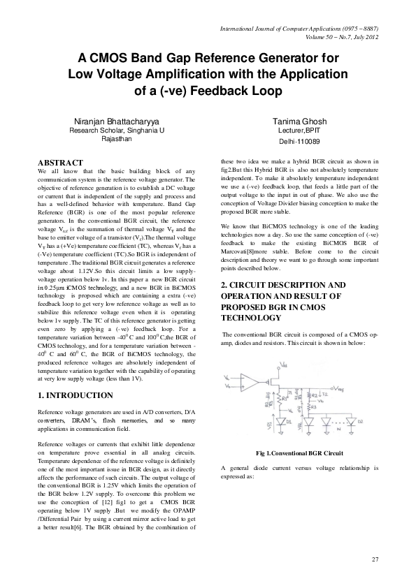 (PDF) A CMOS Band Gap Reference Generator for Low Voltage Amplification ...