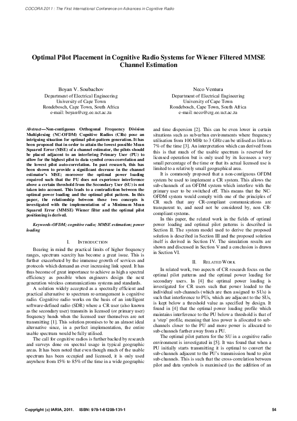 (PDF) Optimal Pilot Placement in Cognitive Radio Systems for Wiener Filtered MMSE Channel Estimation
