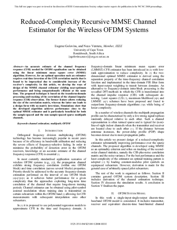 (PDF) Reduced-Complexity Recursive MMSE Channel Estimator for the Wireless OFDM Systems