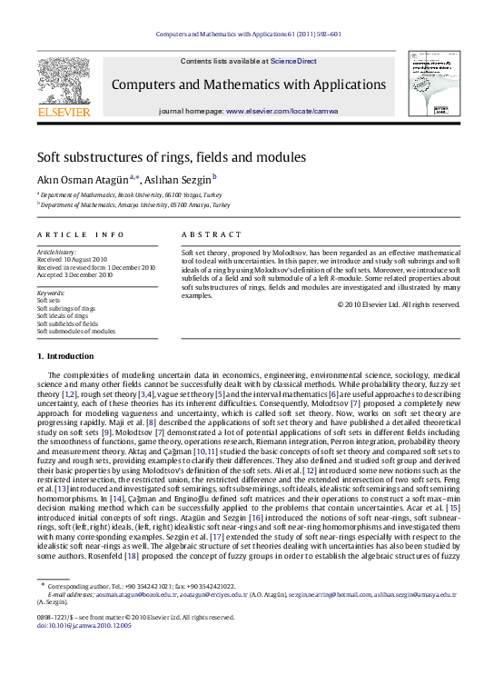 (PDF) Soft substructures of rings, fields and modules