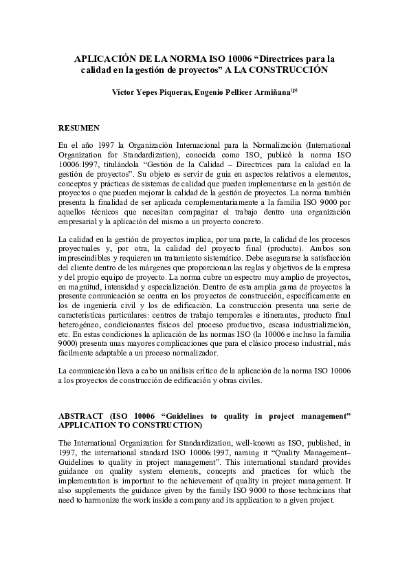(PDF) APLICACIÓN DE LA NORMA ISO 10006 "Directrices para la calidad en la gestión de proyectos ...