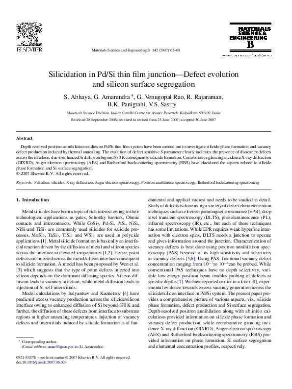 (PDF) Silicidation in Pd/Si thin film junction—Defect evolution and ...