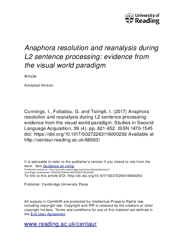 (PDF) Anaphora Resolution and Reanalysis During L2 Sentence Processing
