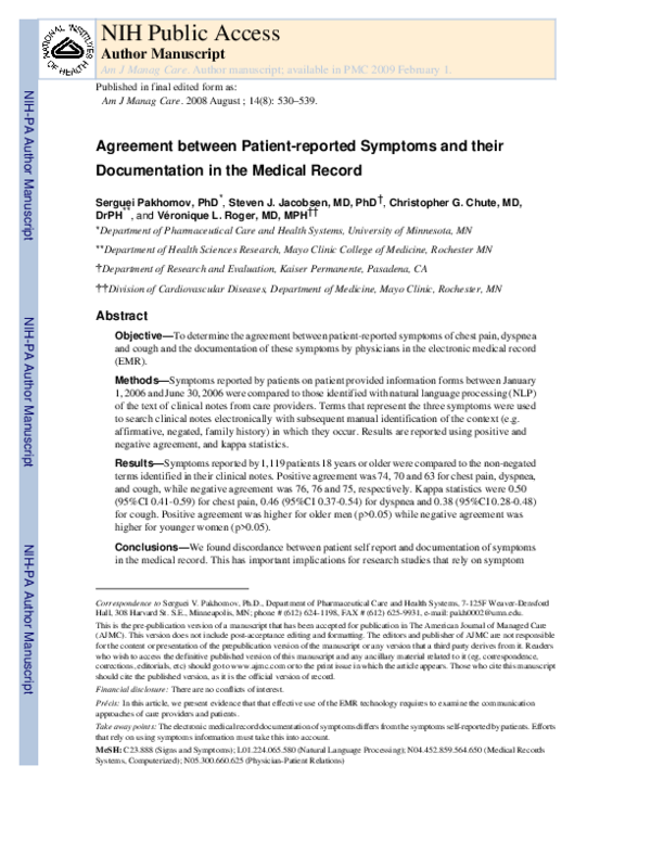 (PDF) Agreement between patient-reported symptoms and their ...