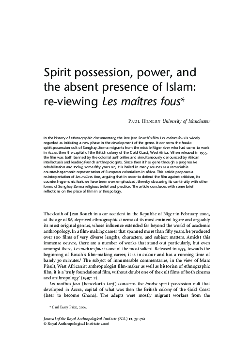 (PDF) Spirit possession, power, and the absent presence of Islam: re ...