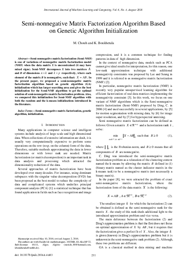 (PDF) Semi-nonnegative Matrix Factorization Algorithm Based on Genetic Algorithm Initialization
