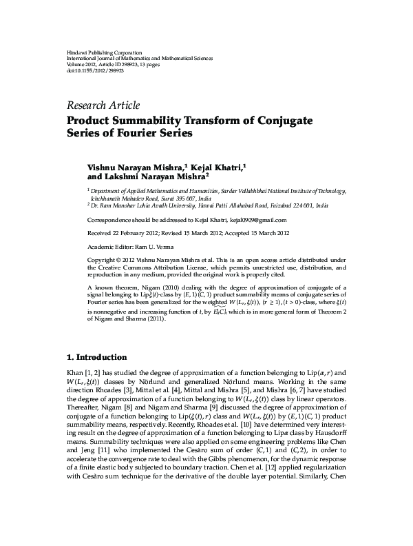 Pdf Product Summability Transform Of Conjugate Series Of Fourier Series