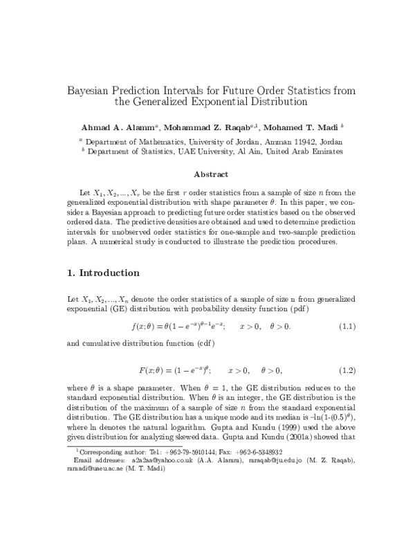 (PDF) Bayesian Prediction Intervals for Future Order Statistics From the Generalized Exponential ...