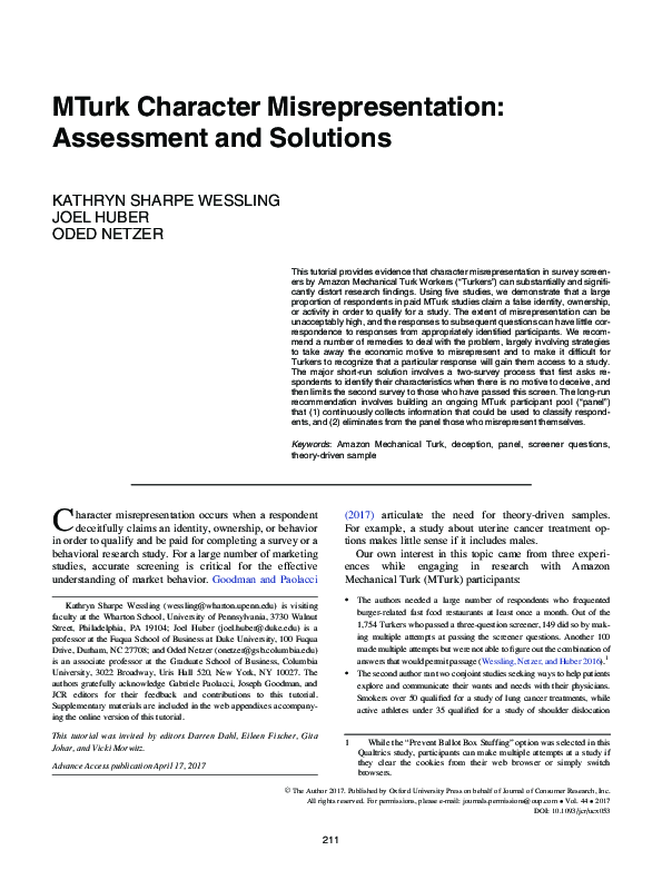 (PDF) MTurk Character Misrepresentation: Assessment and Solutions