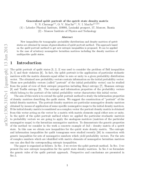 (PDF) Generalized Qubit Portrait of the Qutrit-State Density Matrix