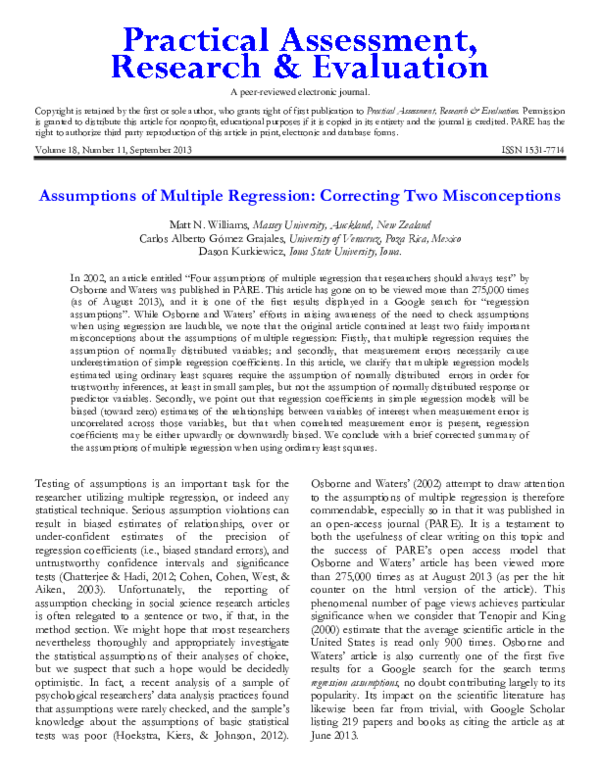 (PDF) Assumptions of Multiple Regression: Correcting Two Misconceptions