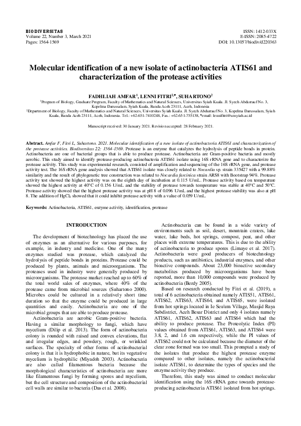(PDF) Molecular identification of a new isolate of actinobacteria ...