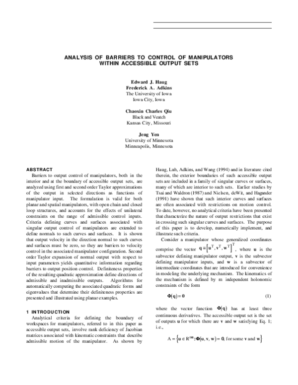 (PDF) Analysis of barriers to control of manipulators within accessible output sets | Frederick ...