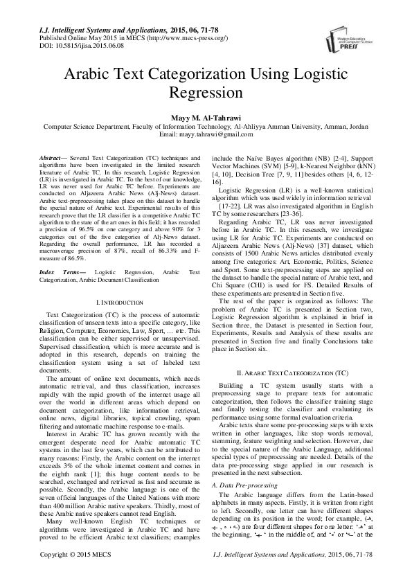 Pdf Arabic Text Categorization Using Logistic Regression
