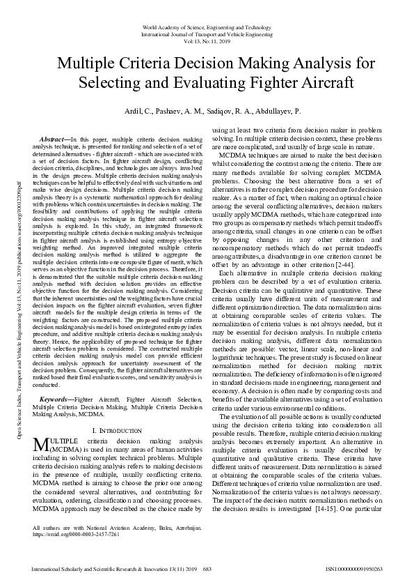 (PDF) Multiple Criteria Decision Making Analysis for Selecting and Evaluating Fighter Aircraft