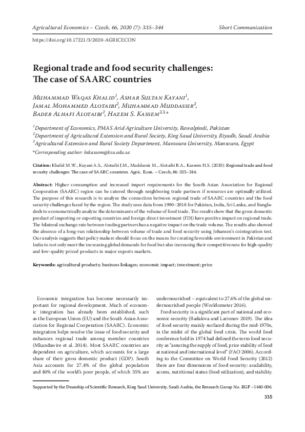 (PDF) Regional trade and food security challenges: The case of SAARC ...