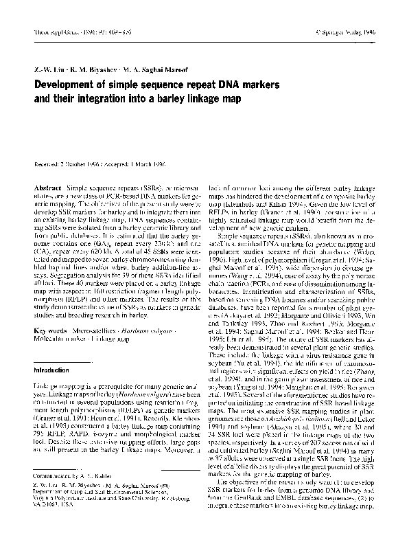 (PDF) Development of simple sequence repeat DNA markers and their integration into a barley ...