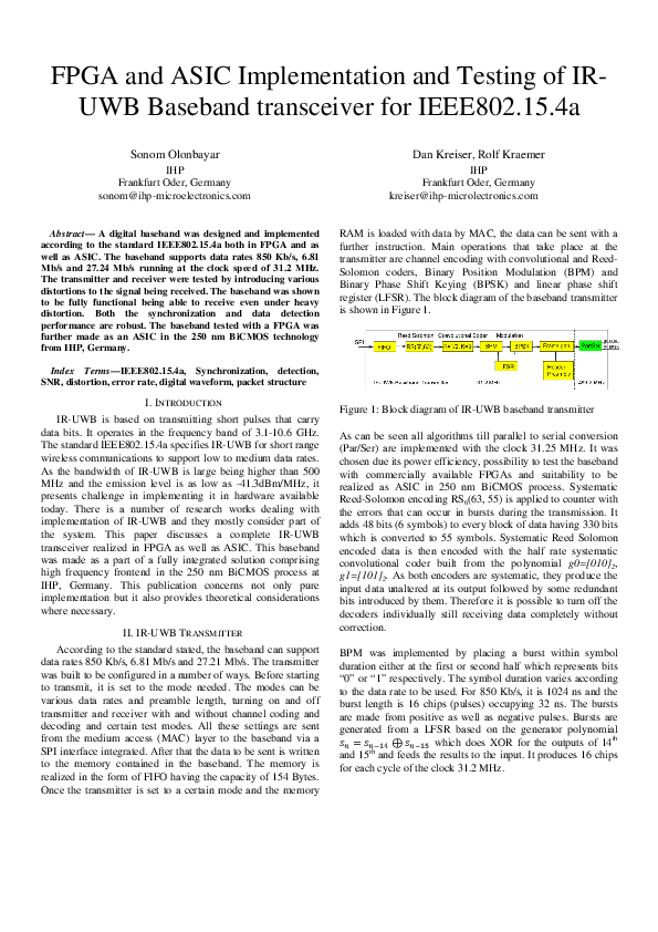 Pdf Fpga And Asic Implementation And Testing Of Ir Uwb Baseband Transceiver For Ieee802154a