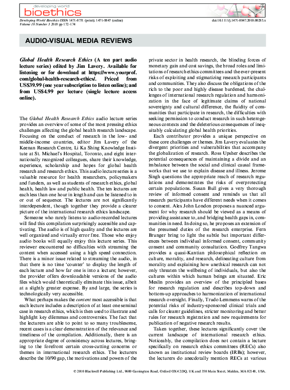 (PDF) Global Health Research Ethics (A ten part audio lecture series ...