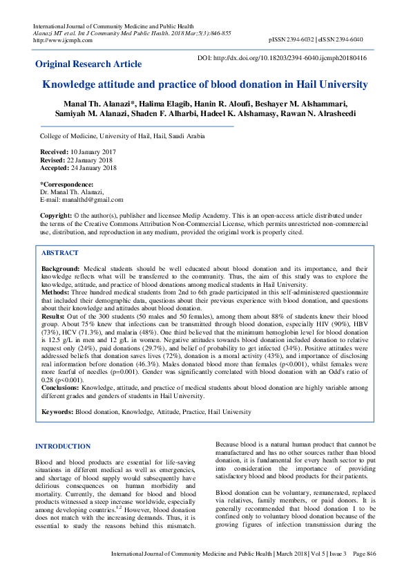 (PDF) Knowledge attitude and practice of blood donation in Hail University