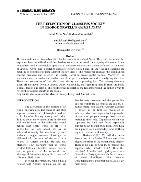 (PDF) The Reflection of Classless Society in George Orwell’s Animal Farm