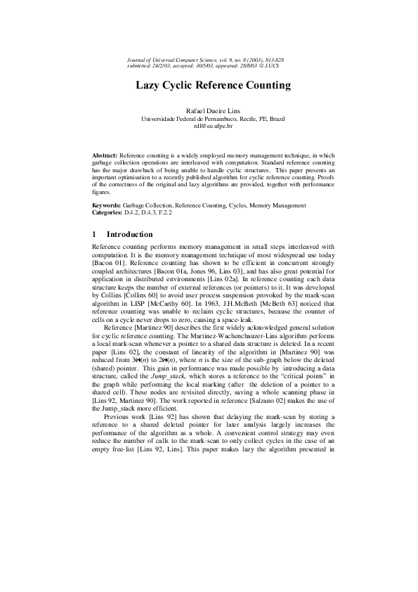Pdf Lazy Cyclic Reference Counting Rafael Dueire Lins