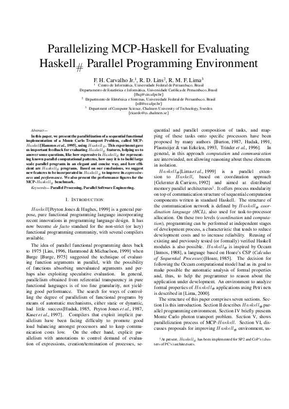(PDF) Parallelizing MCP-Haskell for Evaluating Haskel# Parallel Programming Environment