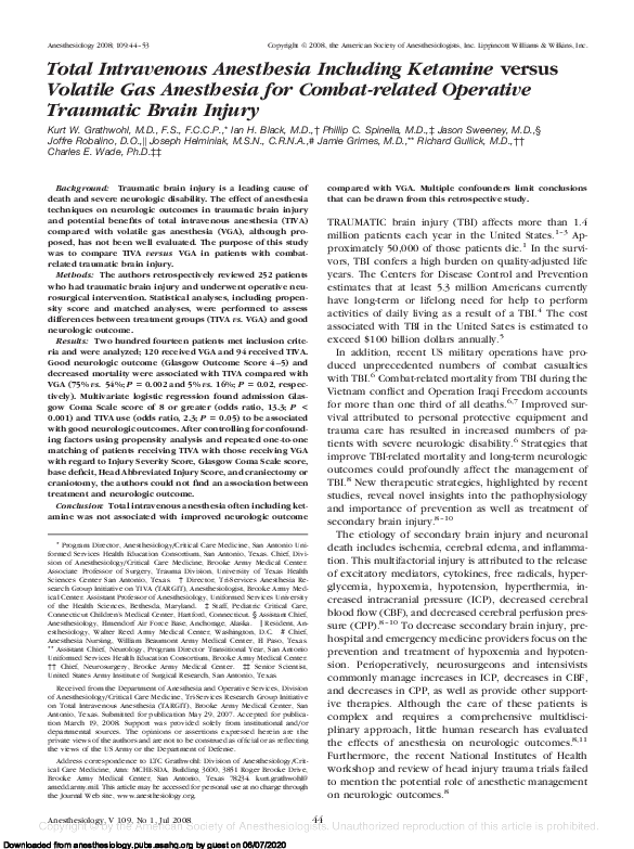 (PDF) Total Intravenous Anesthesia Including Ketamine versus Volatile Gas Anesthesia for Combat ...
