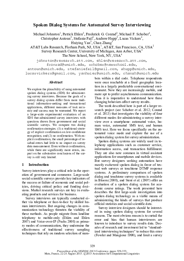 Pdf Spoken Dialog Systems For Automated Survey Interviewing