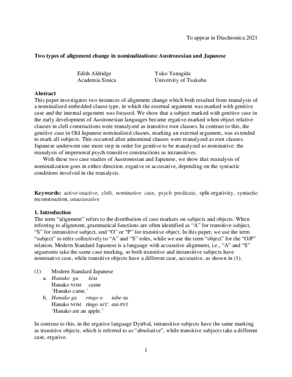(PDF) Two types of alignment change in nominalizations: Austronesian ...