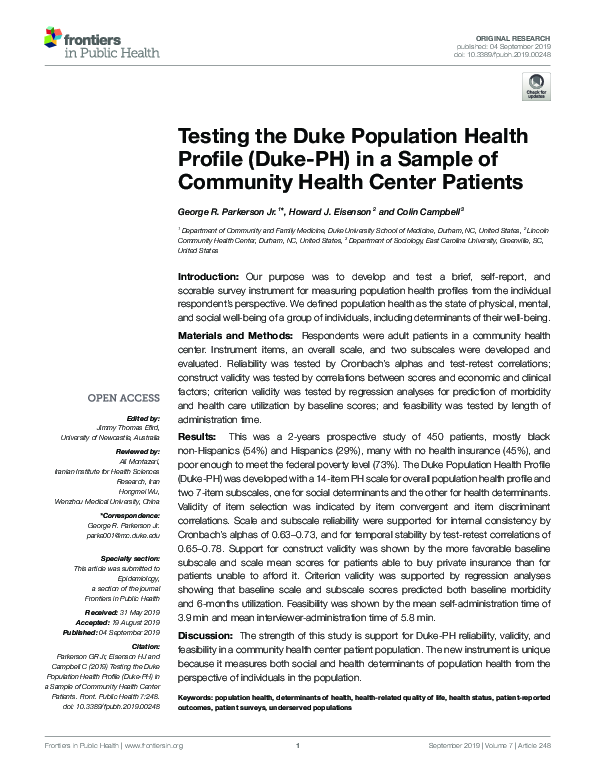 (PDF) Testing the Duke Population Health Profile (Duke-PH) in a Sample ...